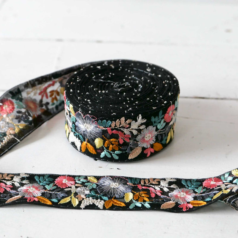 Black Floral Embroidered Ribbon Trim | Cloth House London • Cloth House